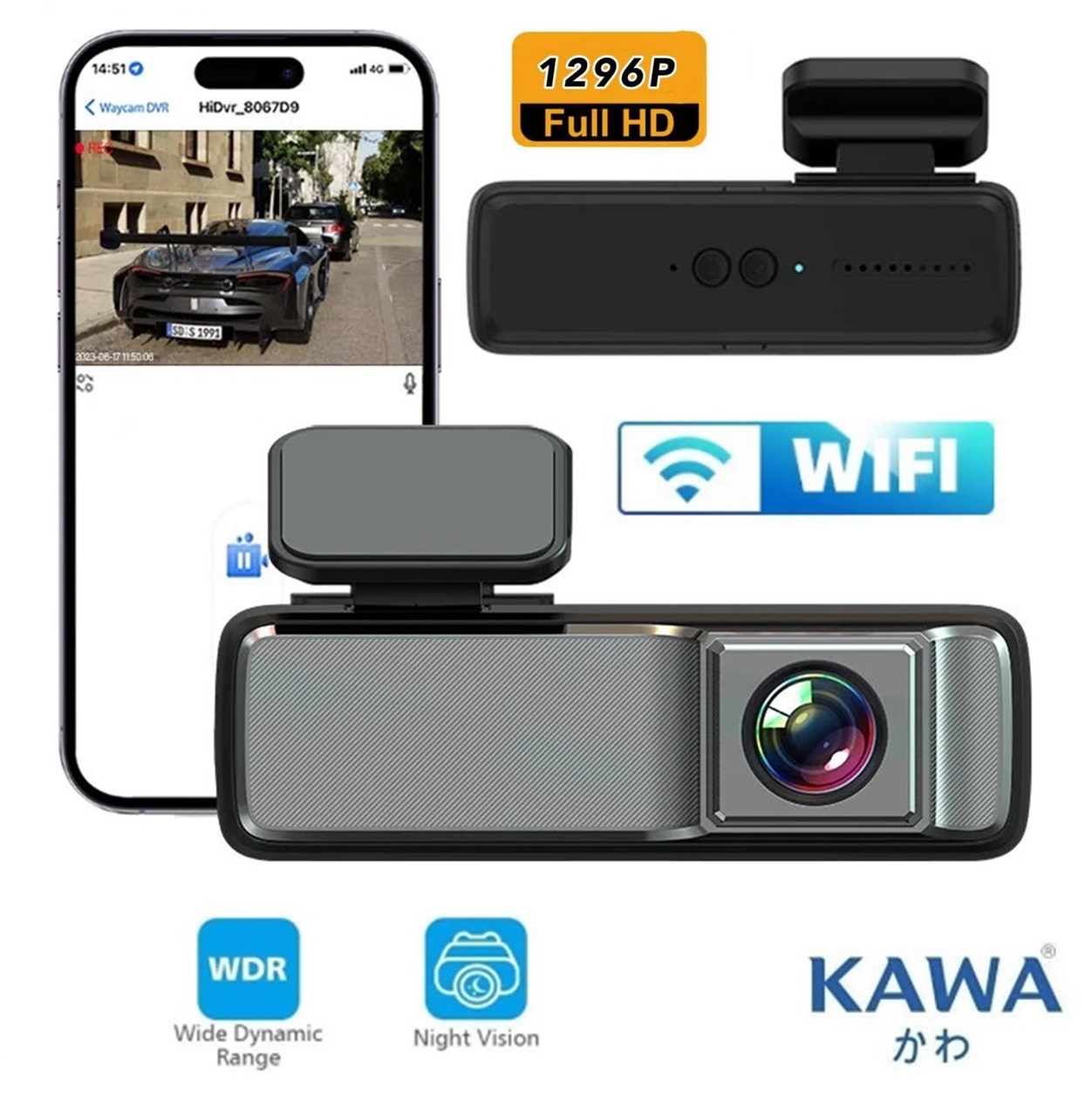 กล้องติดหน้ารถ Kawa V8 1296P Full HD+ แท้ Wi-Fi กลางคืนชัด (Night Mode) F1.6 มุมกว้าง 160 องศา ...