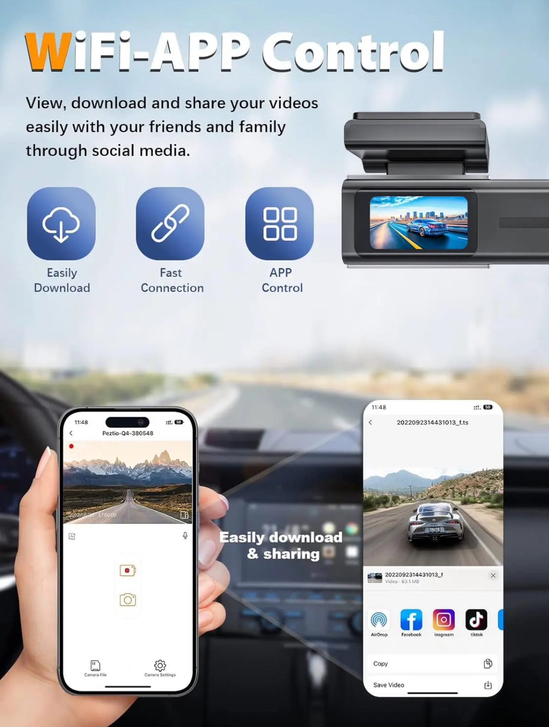 กล้องติดหน้ารถ Kawa Q7 หน้า+หลัง 4K+Full HD แท้ Wi-Fi กลางคืนชัด (Night Mode) F1.6 มุมกว้าง 160 ...